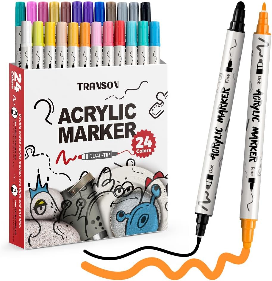 TRANSON 24 Color Bold and Fine Dual-tip Acrylic Paint Pen Set for Canv ...